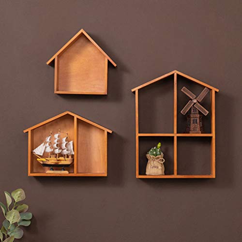 ULTNICE Wooden House- Shaped Wall Storage Shelf Rustic Wood Mounted Floating Shelves for Bedroom Living Room Home Office 25cm