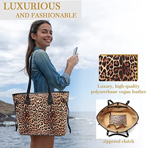 Daisy Rose Tote Shoulder Travel Bag & Matching Clutch PU Vegan Leather - Leopard