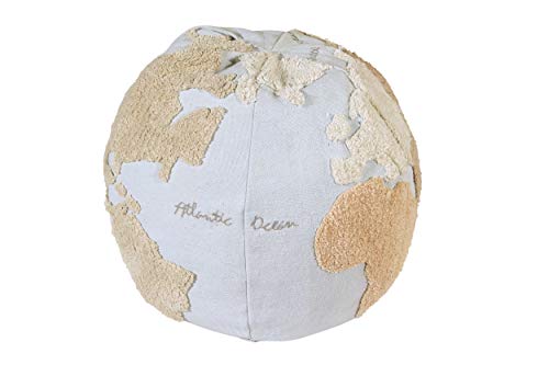 Lorena Canals USA Pouffe World Map, Light Blue, Natural, Linen, Beige, Grey, 1' 5" x Ø1' 8"