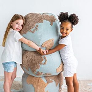 Lorena Canals USA Pouffe World Map, Light Blue, Natural, Linen, Beige, Grey, 1' 5" x Ø1' 8"