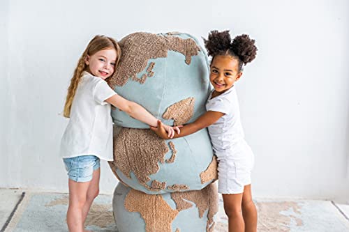 Lorena Canals USA Pouffe World Map, Light Blue, Natural, Linen, Beige, Grey, 1' 5" x Ø1' 8"