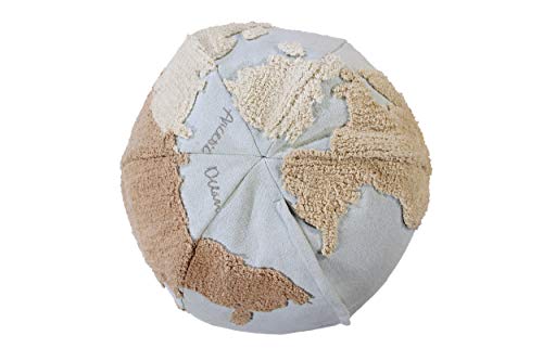 Lorena Canals USA Pouffe World Map, Light Blue, Natural, Linen, Beige, Grey, 1' 5" x Ø1' 8"