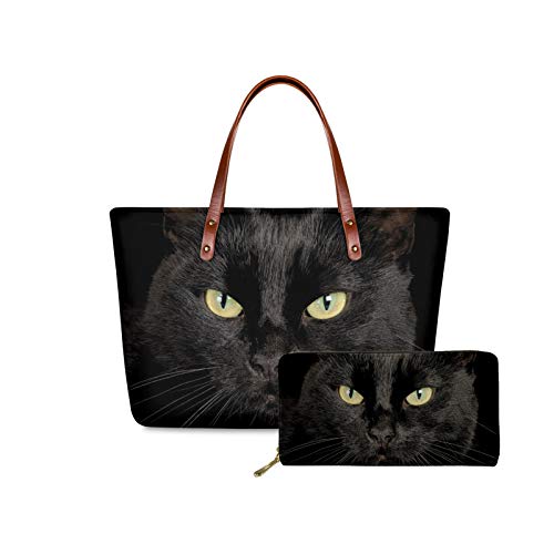 JEOCODY Black Cat Tote Bag Girls School Handbag Shopping Shoulder Bags for Women Cat Wallet Travel Phone Card Holder Clutch Purse Party Favor 2pcs