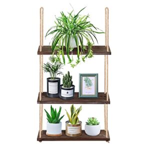 yazoo hanging shelf – 3-tier boho wall shelf for plants indoor – wooden decor rope shelf – window plant hanger home farmhouse bathroom rustic bedroom decor