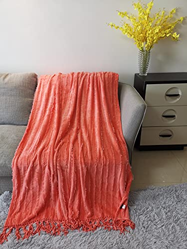 Cazlon Eyelash Textured Boho Style Decorative Throw Blanket with Chenille Tassels,100% Oeko-Tex Certified Flannel Blanket,Lightweight Cozy Throw for Bed Sofa Couch (50"x60", Coral Orange)