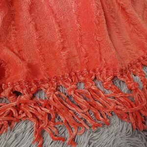 Cazlon Eyelash Textured Boho Style Decorative Throw Blanket with Chenille Tassels,100% Oeko-Tex Certified Flannel Blanket,Lightweight Cozy Throw for Bed Sofa Couch (50"x60", Coral Orange)