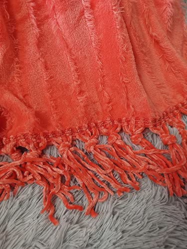 Cazlon Eyelash Textured Boho Style Decorative Throw Blanket with Chenille Tassels,100% Oeko-Tex Certified Flannel Blanket,Lightweight Cozy Throw for Bed Sofa Couch (50"x60", Coral Orange)