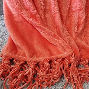 Cazlon Eyelash Textured Boho Style Decorative Throw Blanket with Chenille Tassels,100% Oeko-Tex Certified Flannel Blanket,Lightweight Cozy Throw for Bed Sofa Couch (50"x60", Coral Orange)