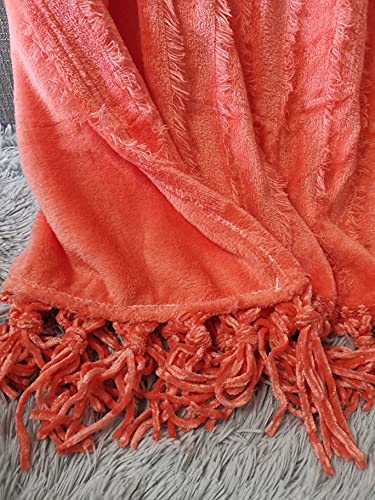 Cazlon Eyelash Textured Boho Style Decorative Throw Blanket with Chenille Tassels,100% Oeko-Tex Certified Flannel Blanket,Lightweight Cozy Throw for Bed Sofa Couch (50"x60", Coral Orange)