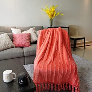 Cazlon Eyelash Textured Boho Style Decorative Throw Blanket with Chenille Tassels,100% Oeko-Tex Certified Flannel Blanket,Lightweight Cozy Throw for Bed Sofa Couch (50"x60", Coral Orange)