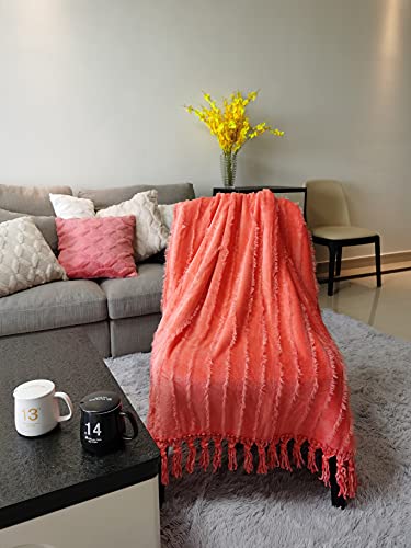 Cazlon Eyelash Textured Boho Style Decorative Throw Blanket with Chenille Tassels,100% Oeko-Tex Certified Flannel Blanket,Lightweight Cozy Throw for Bed Sofa Couch (50"x60", Coral Orange)