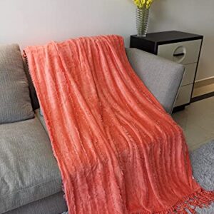 Cazlon Eyelash Textured Boho Style Decorative Throw Blanket with Chenille Tassels,100% Oeko-Tex Certified Flannel Blanket,Lightweight Cozy Throw for Bed Sofa Couch (50"x60", Coral Orange)