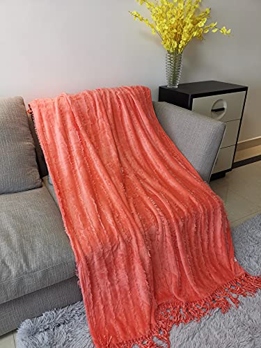 Cazlon Eyelash Textured Boho Style Decorative Throw Blanket with Chenille Tassels,100% Oeko-Tex Certified Flannel Blanket,Lightweight Cozy Throw for Bed Sofa Couch (50"x60", Coral Orange)