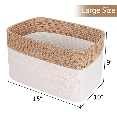 ANMINY Woven Cotton Rope Storage Baskets with Handles Large Washable Basket Decorative Storage Bins Boxes Nursery Baby Kid Toy Blanket Clothes Towel Laundry Organizer Containers - White/Brown