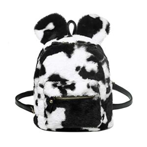 women faux fur backpack cute ear cow print satchel shoulder bag purse fluffy plush fashion casual daypack