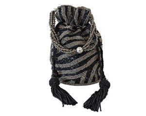 craft bazaar women handmade indian potli bag, bead zebra bag, standing drawstring purse, mini bucket bag with wristlet and tassels