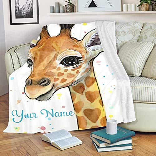 Custom Blanket with Name Text,Personalized Watercolor Giraffe Super Soft Fleece Throw Blanket for Couch Sofa Bed (50 X 60 inches)