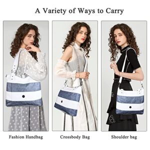 Angel Kiss Hobo Shoulder Purses for Women Large Soft Washed PU Leather Stripe Crossbody Handbags (White/L.Blue)