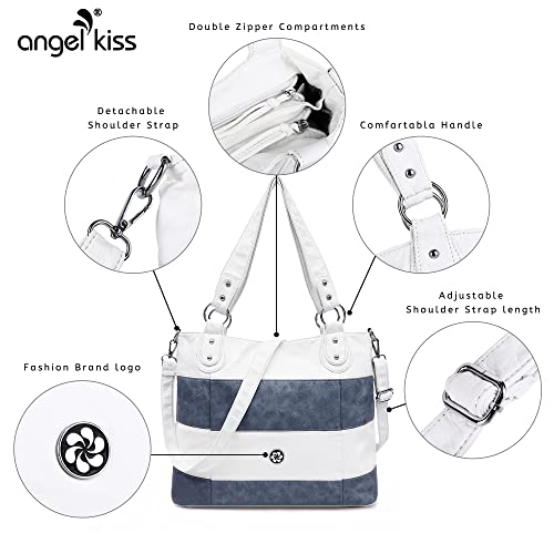 Angel Kiss Hobo Shoulder Purses for Women Large Soft Washed PU Leather Stripe Crossbody Handbags (White/L.Blue)