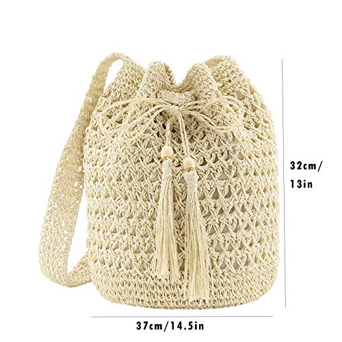 Ayliss Women Beach Handbag Straw Crossbody Shoulder Handbag Summer Beach Handmade Woven Bucket Bag Drawstring with Tassel (Beige)