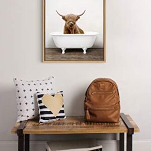 Kate and Laurel Sylvie Highland Cow in Tub Color Framed Canvas Wall Art by Amy Peterson, 18x24 Natural, Chic Animal Art for Wall