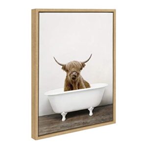 Kate and Laurel Sylvie Highland Cow in Tub Color Framed Canvas Wall Art by Amy Peterson, 18x24 Natural, Chic Animal Art for Wall