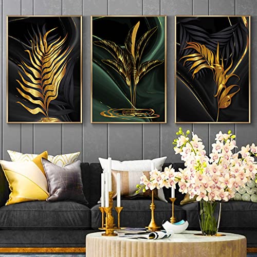 Black And Gold Leaf Wall Art Green Golden Leaves Poster Black And Gold Abstract Poster Green Nordic Wall Art Black Gold Canvas Art Black And Gold Bathroom Pictures Wall Decor 20x28inx3 No Frame