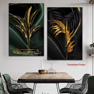 Black And Gold Leaf Wall Art Green Golden Leaves Poster Black And Gold Abstract Poster Green Nordic Wall Art Black Gold Canvas Art Black And Gold Bathroom Pictures Wall Decor 20x28inx3 No Frame