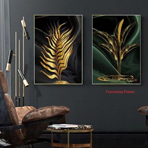 Black And Gold Leaf Wall Art Green Golden Leaves Poster Black And Gold Abstract Poster Green Nordic Wall Art Black Gold Canvas Art Black And Gold Bathroom Pictures Wall Decor 20x28inx3 No Frame