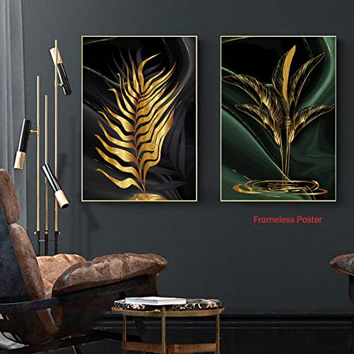 Black And Gold Leaf Wall Art Green Golden Leaves Poster Black And Gold Abstract Poster Green Nordic Wall Art Black Gold Canvas Art Black And Gold Bathroom Pictures Wall Decor 20x28inx3 No Frame