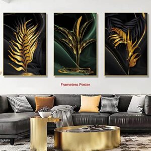 Black And Gold Leaf Wall Art Green Golden Leaves Poster Black And Gold Abstract Poster Green Nordic Wall Art Black Gold Canvas Art Black And Gold Bathroom Pictures Wall Decor 20x28inx3 No Frame