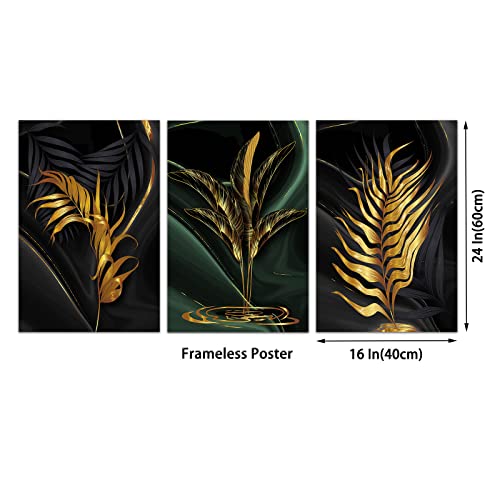 Black And Gold Leaf Wall Art Green Golden Leaves Poster Black And Gold Abstract Poster Green Nordic Wall Art Black Gold Canvas Art Black And Gold Bathroom Pictures Wall Decor 20x28inx3 No Frame