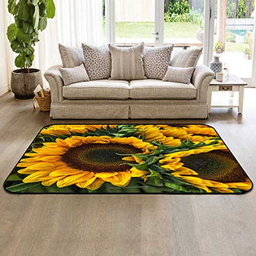 Large Area Rugs 4' x 6' Modern Throw Carpet Floor Cover Nursery Rugs for Children/Kids, Close-Up Sunflowers, Indoor/Outdoor Rugs for Living Room/Bedroom Floral Field Green Leaves