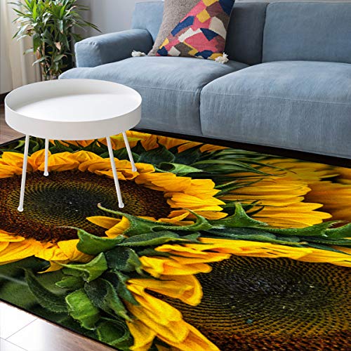 Large Area Rugs 4' x 6' Modern Throw Carpet Floor Cover Nursery Rugs for Children/Kids, Close-Up Sunflowers, Indoor/Outdoor Rugs for Living Room/Bedroom Floral Field Green Leaves