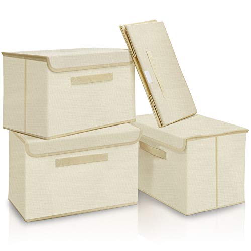 Erebus Large Collapsible Storage Bins with Lids,Foldable Fabric Storage Box with Handles,Sturdy Storage Basket for Clothes,Toys, Books, Storage Organizer for Shelves [4-Pack] (Beige)