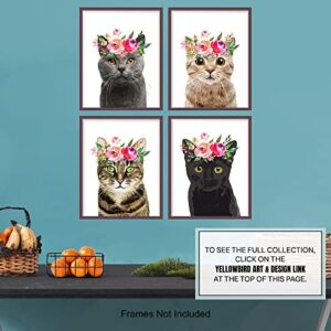 Tabby Cat, Gray Cat, Black Cat Wall Decor - Gift for Kitten, Kitty, Cat Lovers, Women - Cute Floral Wall Art, Room Decoration for Girls Bedroom, Kids Room, Living Room, Nursery - Adorable Poster Set