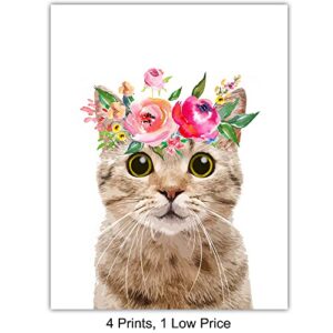 Tabby Cat, Gray Cat, Black Cat Wall Decor - Gift for Kitten, Kitty, Cat Lovers, Women - Cute Floral Wall Art, Room Decoration for Girls Bedroom, Kids Room, Living Room, Nursery - Adorable Poster Set