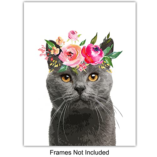 Tabby Cat, Gray Cat, Black Cat Wall Decor - Gift for Kitten, Kitty, Cat Lovers, Women - Cute Floral Wall Art, Room Decoration for Girls Bedroom, Kids Room, Living Room, Nursery - Adorable Poster Set