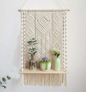 yuankanju macrame wall hanging shelf bohemian wall decor macrame shelf handmade cotton wood hanging shelf organizer hanger bohemian wall decor bohoboho shelves (#4)