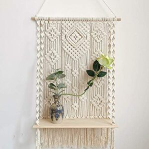 YuanKanJu Macrame Wall Hanging Shelf Bohemian Wall Decor Macrame Shelf Handmade Cotton Wood Hanging Shelf Organizer Hanger Bohemian Wall Decor Bohoboho Shelves (#4)