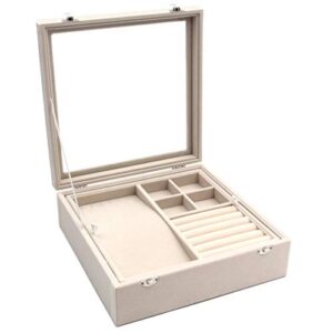 kloud city jewelry box with glass lid two-layer jewelry box organizer display storage case (beige)