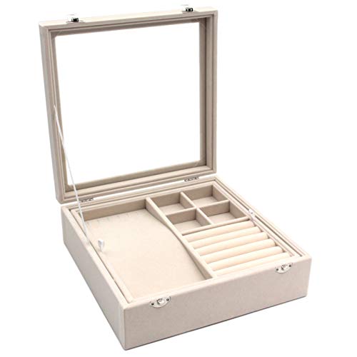 KLOUD City Jewelry Box with Glass Lid Two-Layer Jewelry Box Organizer Display Storage case (Beige)