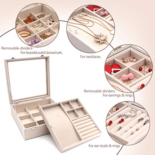 KLOUD City Jewelry Box with Glass Lid Two-Layer Jewelry Box Organizer Display Storage case (Beige)