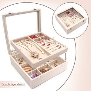 KLOUD City Jewelry Box with Glass Lid Two-Layer Jewelry Box Organizer Display Storage case (Beige)