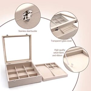 KLOUD City Jewelry Box with Glass Lid Two-Layer Jewelry Box Organizer Display Storage case (Beige)