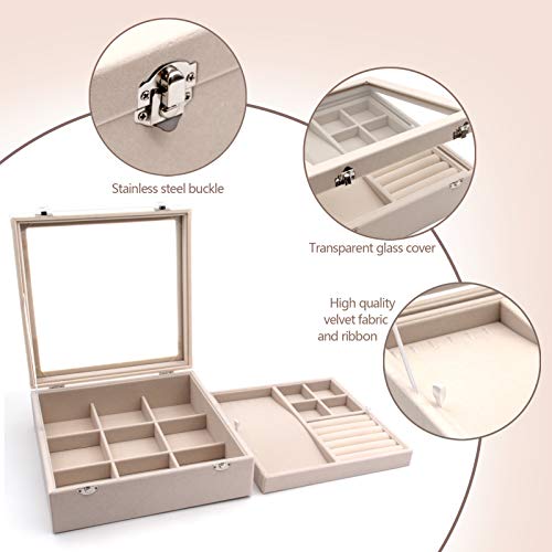 KLOUD City Jewelry Box with Glass Lid Two-Layer Jewelry Box Organizer Display Storage case (Beige)