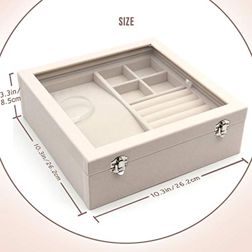 KLOUD City Jewelry Box with Glass Lid Two-Layer Jewelry Box Organizer Display Storage case (Beige)