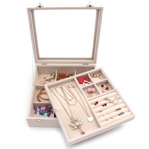 KLOUD City Jewelry Box with Glass Lid Two-Layer Jewelry Box Organizer Display Storage case (Beige)