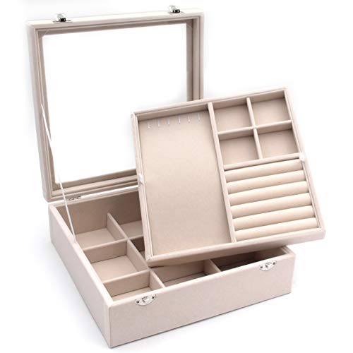 KLOUD City Jewelry Box with Glass Lid Two-Layer Jewelry Box Organizer Display Storage case (Beige)