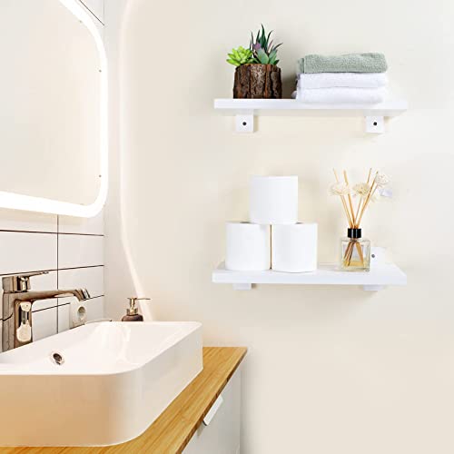 Annecy Floating Shelves for Wall,16 Inch White Rustic Solid Wood Shelves Set of 2, DIY Assembly White Floating Shelves for Bedroom,Bathroom Wall Decor and Kitchen Wall Storage